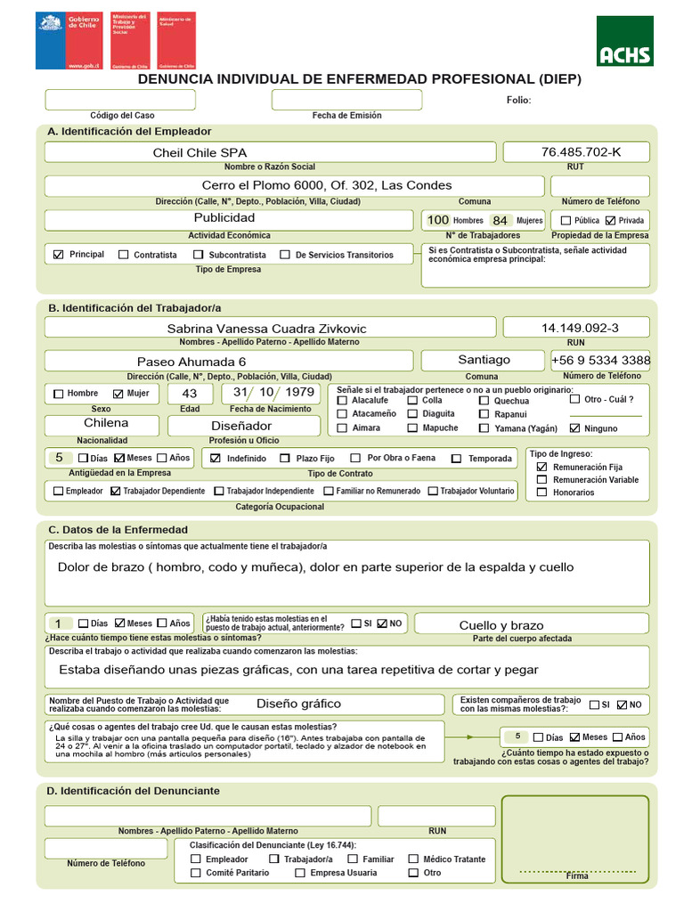 Formulario DIEP de Enfermedad Profesional | PDF