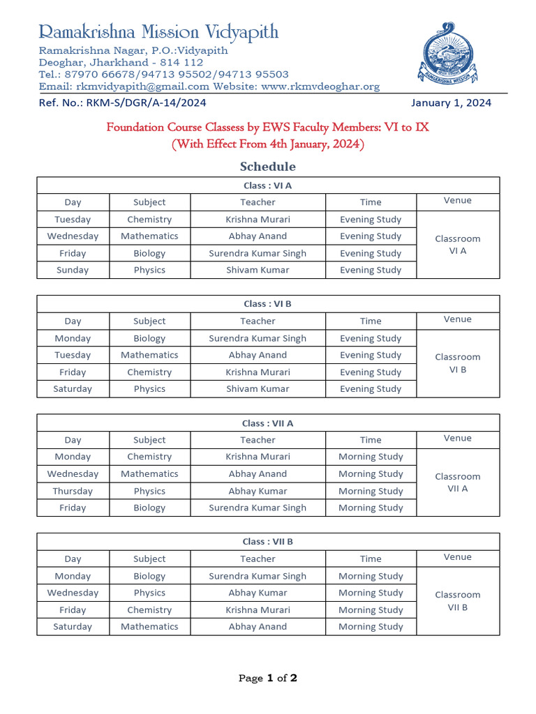 Class 6 To 9 - Foundation Schedule - 04.01.2024 | PDF