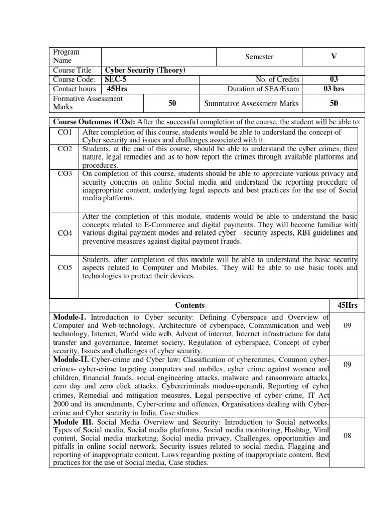 Cyber Security (Sec 5TH Semester) | PDF | Security | Computer Security