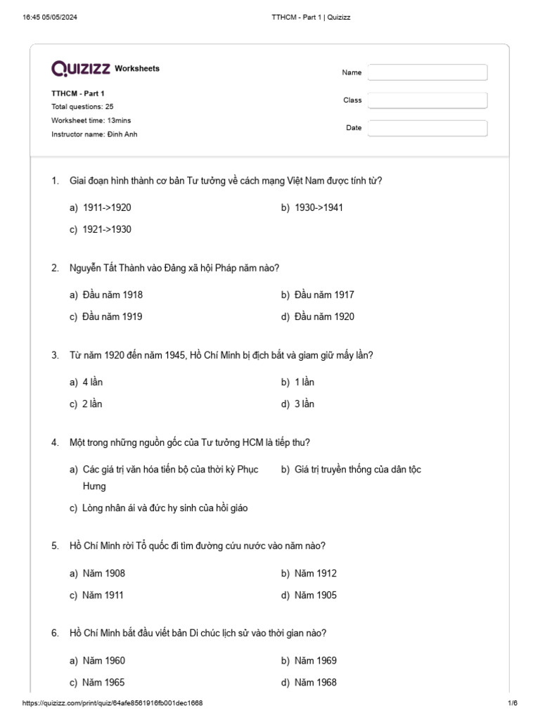 TTHCM - Part 1 - Quizizz | PDF