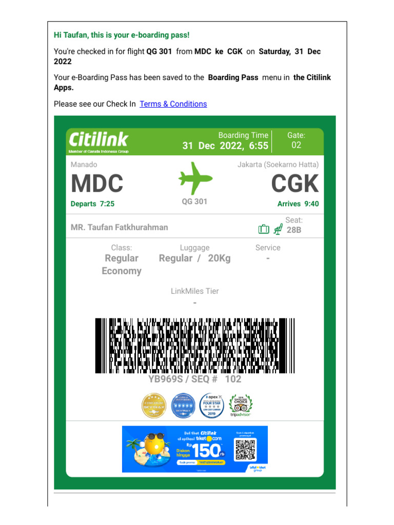 Citilink Flight QG 301 E-Boarding Pass | PDF