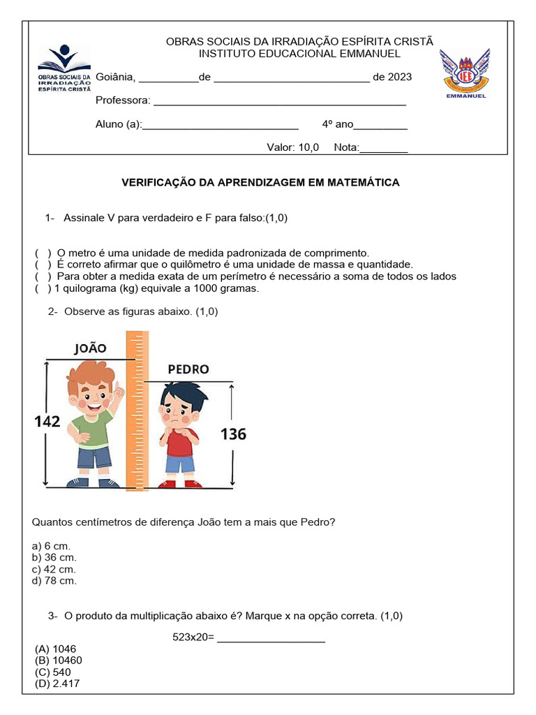 Avaliação De Matemática 4 Ano 2 Bimestre Pdf