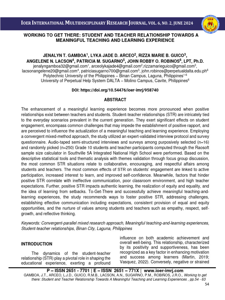 Working To Get There Student and Teacher Relationship Towards A Meaningful Teaching and Learning ...