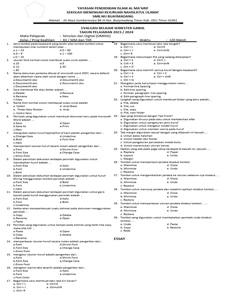 Soal Simdig Kelas Xii Semester Ganjil 2023 | PDF