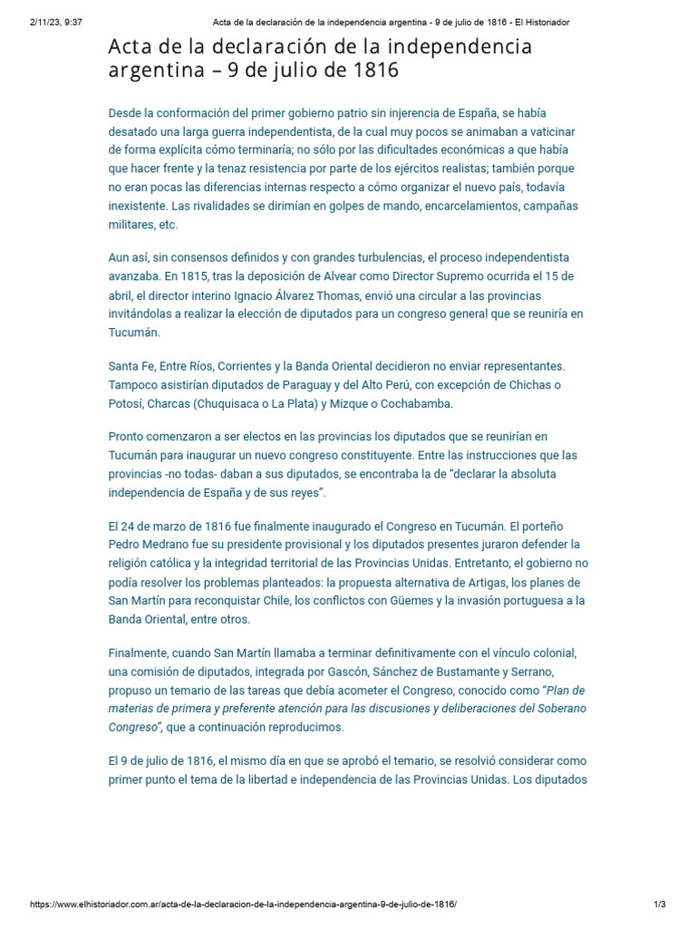 Acta de La Declaración de La Independencia Argentina - 9 de Julio de 1816 - El Historiador | PDF ...