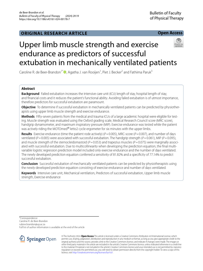 Upper Limb Muscle Strength and Exercise Endurance As Predictors of Successful Extubation in ...