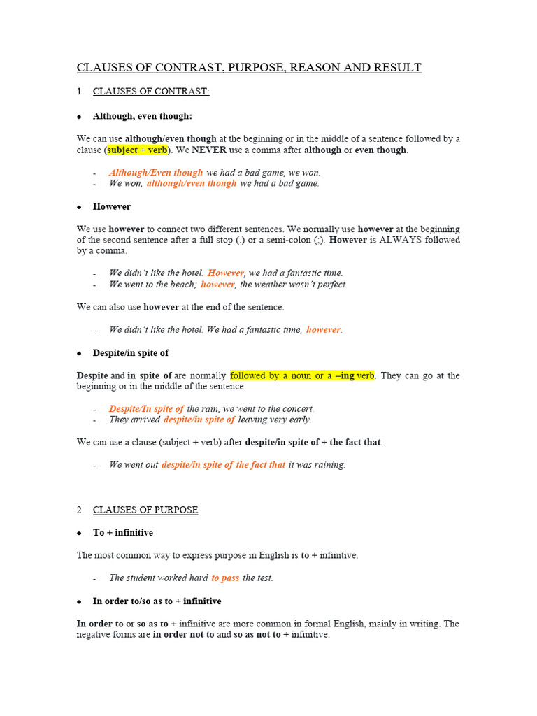 Clauses of Contrast, Purpose, Reason and Result Completo | PDF | Verb ...