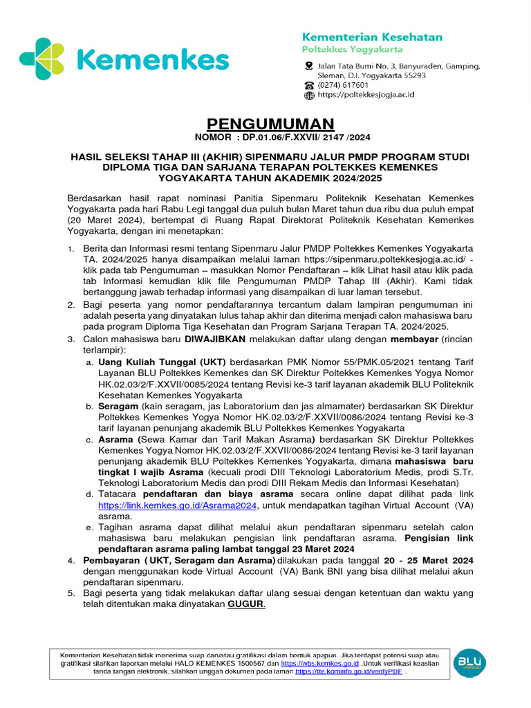 Hasil Seleksi Tahap III PMDP 21578 | PDF