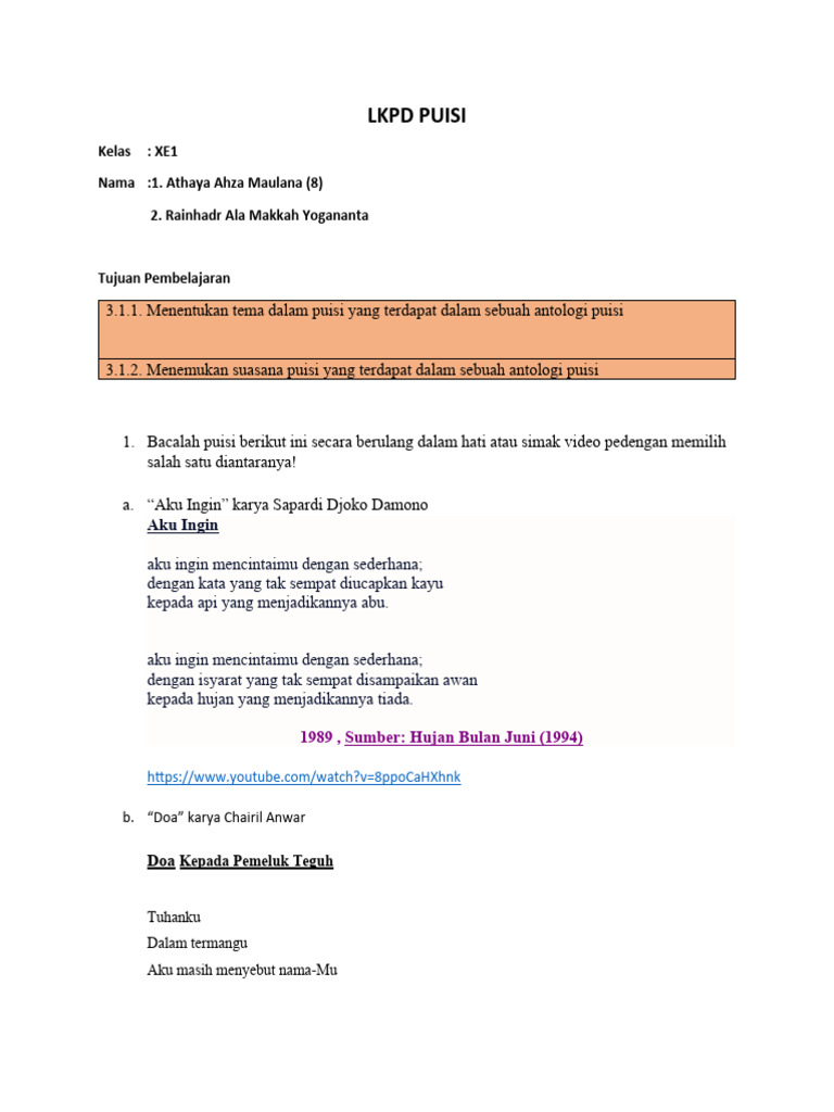 Tema Puisi "Doa" Chairil Anwar | PDF | Puisi