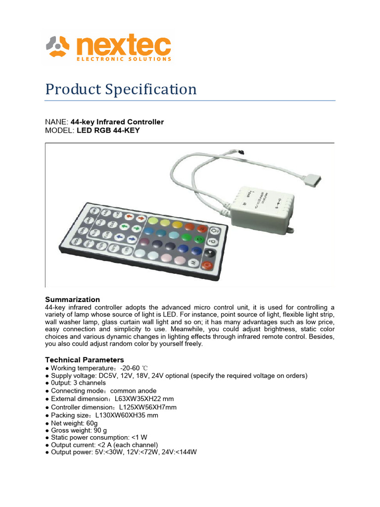 Product Specification: NANE: 44-Key Infrared Controller Model: Led RGB ...