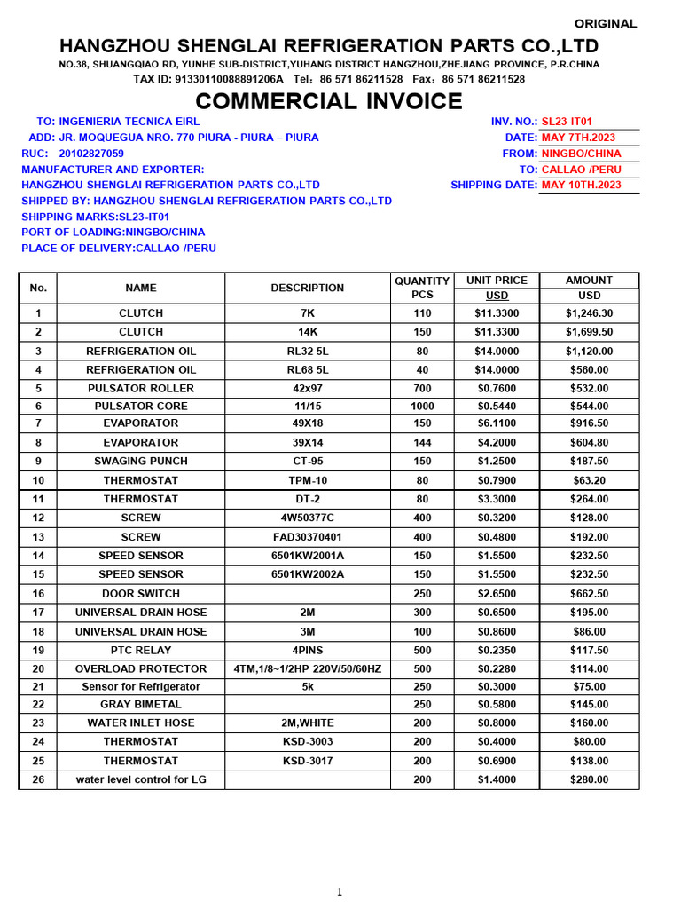 Sl23-It01 Invoice &packing List | PDF | Electromechanical Engineering | Temperature