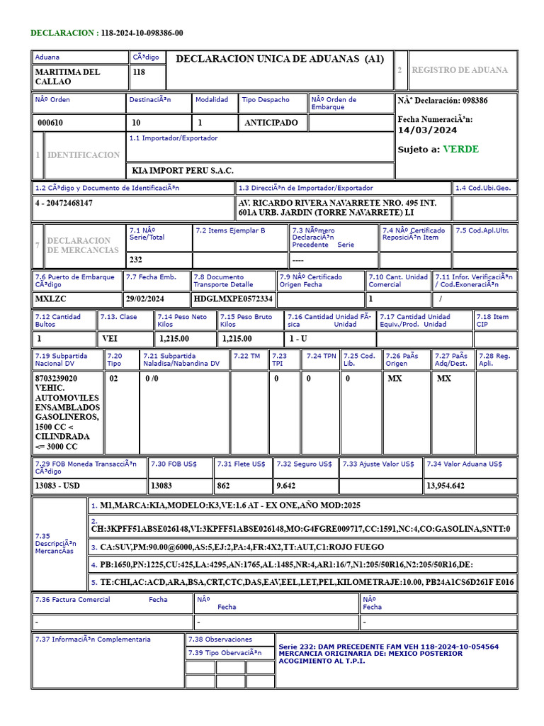 Declaración Aduanera KIA Import Perú | PDF