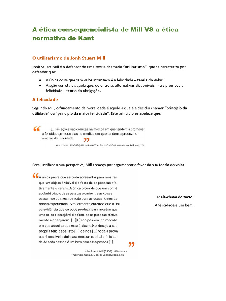 A Ética Consequencialista de Mill VS A Ética Normativa de Kant | PDF | John Stuart Mill ...