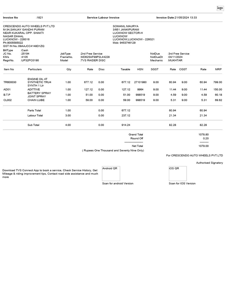 TVS Raider Service Invoice 1821 | PDF | Mobile Computers | Mac Os