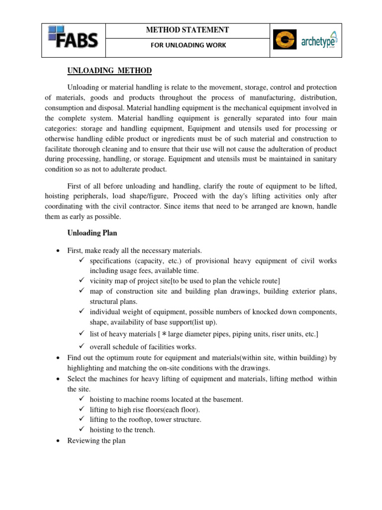 Method Statement Unloading Work's | PDF | Engineering
