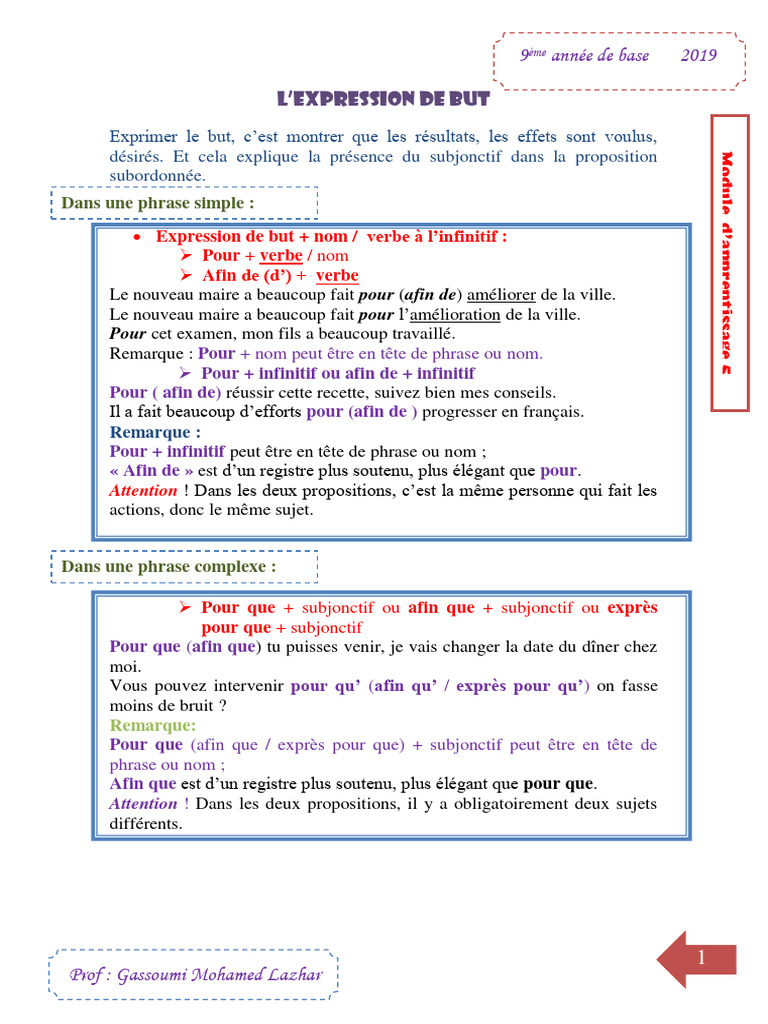 L'Expression du But en 9ème Année | PDF | Verbe | Phrase