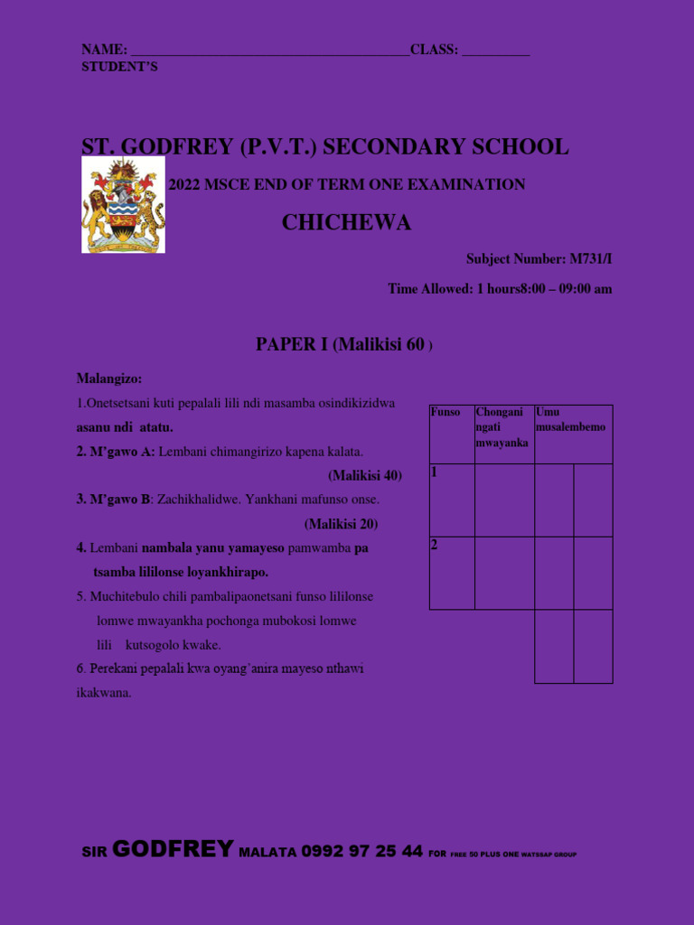 2022-Chichewa Paper 1 | PDF