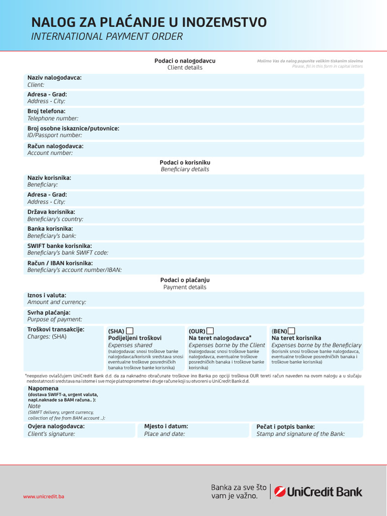 UCB - Nalog Za Plaćanje U Inozemstvo | PDF