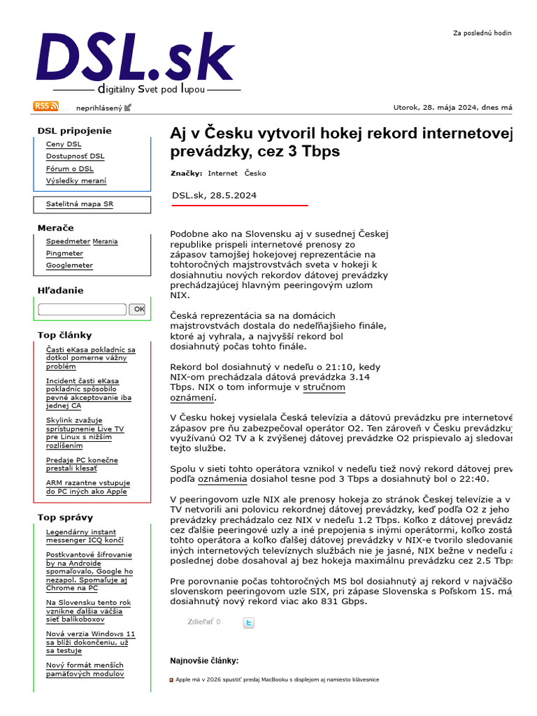 DSL - SK - Aj V Česku Vytvoril Hokej Rekord Internetovej Prevádzky, Cez 3 Tbps | PDF