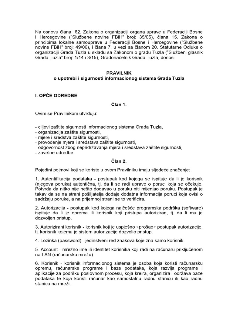 Pravilnik o Upotrebi I Sigurnosti Informacionog Sistema Grada Tuzla | PDF