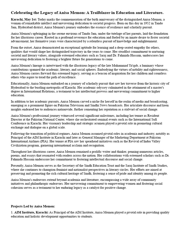 Celebrating The Legacy of Anisa Memon | PDF