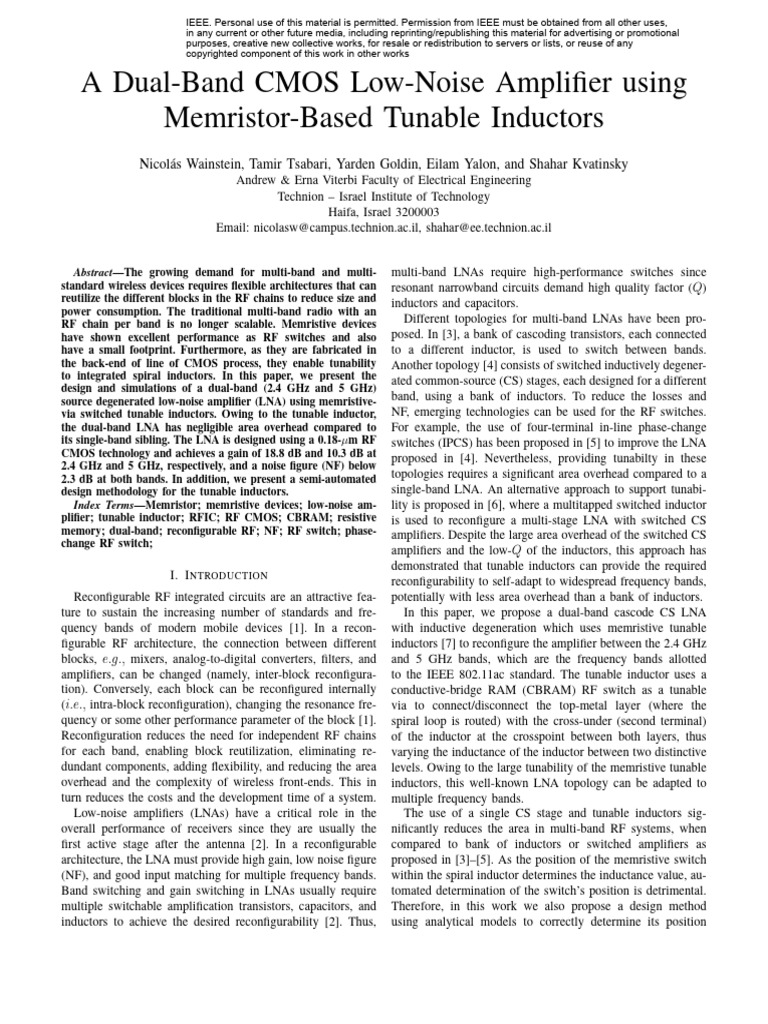 A Dual-Band CMOS Low-Noise Amplifier using memoristor-based | PDF | Inductor | Capacitor