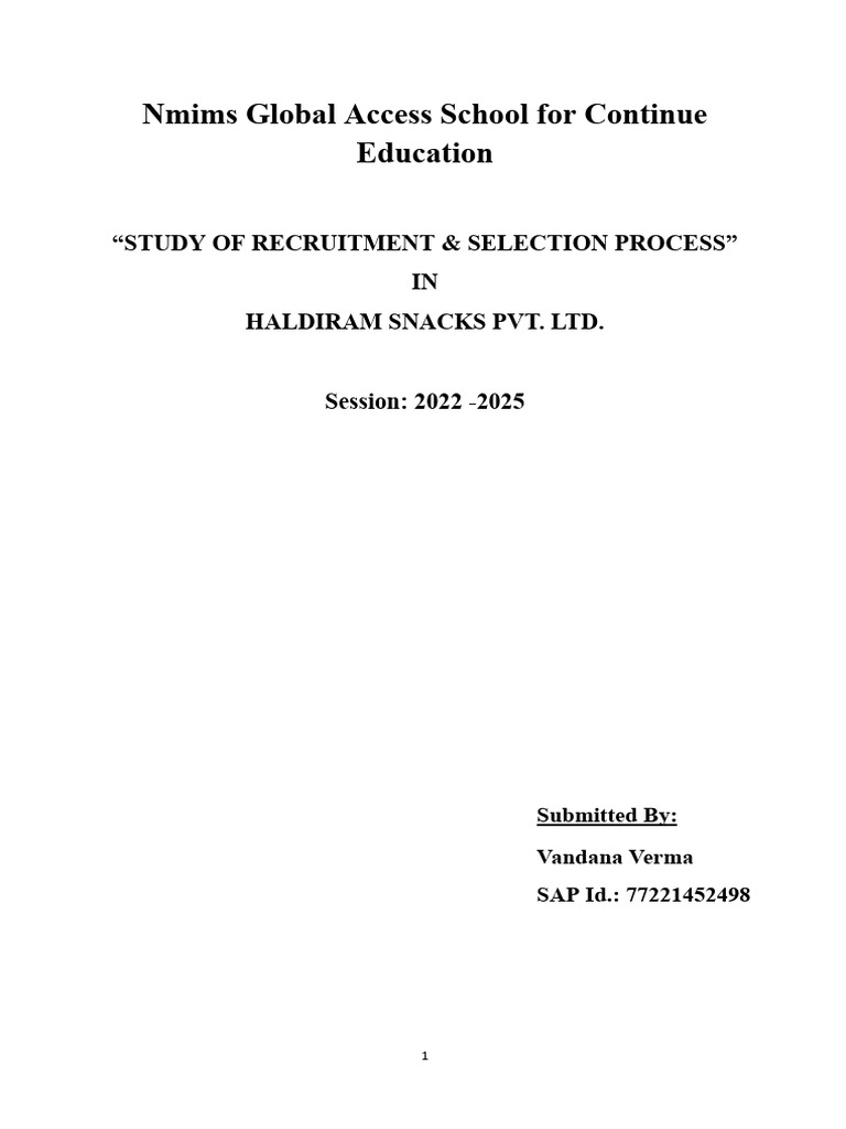 Study of Recruitment & Selection Process in Haldiram Snacks Pvt. LTD 1 | PDF | Employee ...