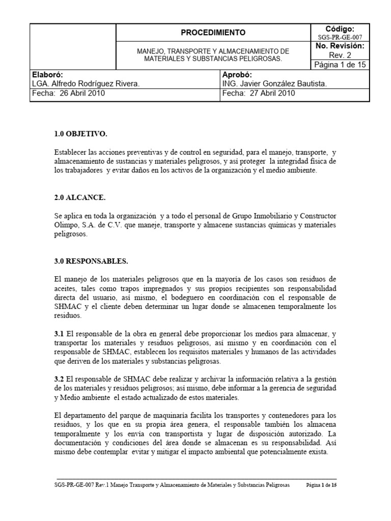 SGS-PR-GE-007 Rev. 2 MANEJO, TRANSPORTE Y ALMACENAMIENTO DE MATS. Y SUBS. PELIGROSAS. | PDF ...