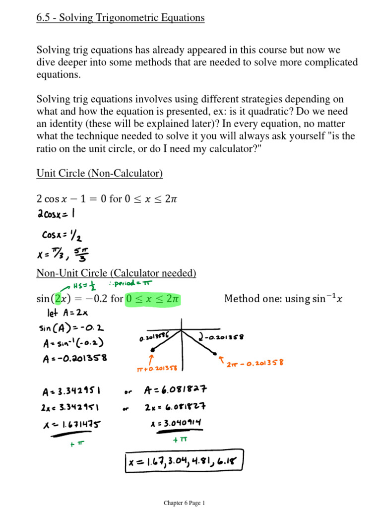 6.5 - Solving Trigonometric Equations - Completed Notes | PDF ...