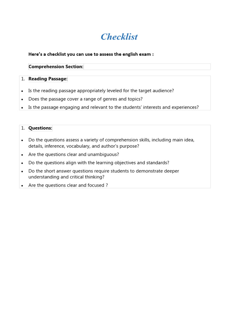 Comprehension Checklist | PDF