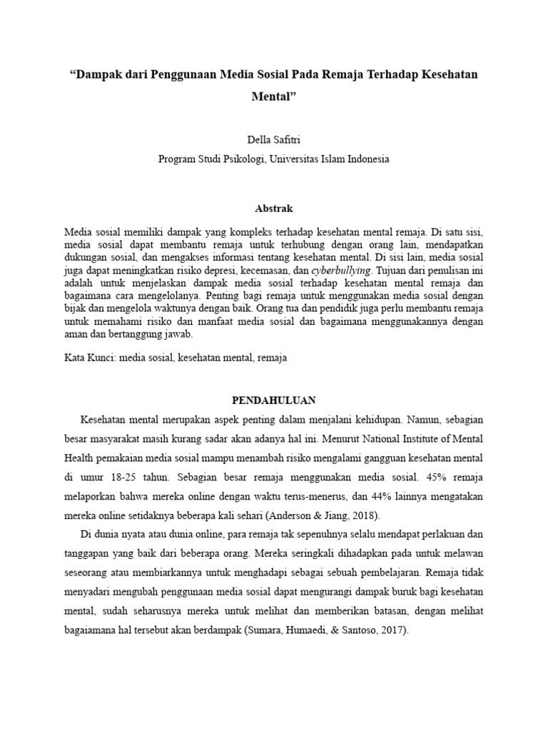 Dampak Dari Penggunaan Media Sosial Pada Remaja Terhadap Kesehatan Mental | PDF
