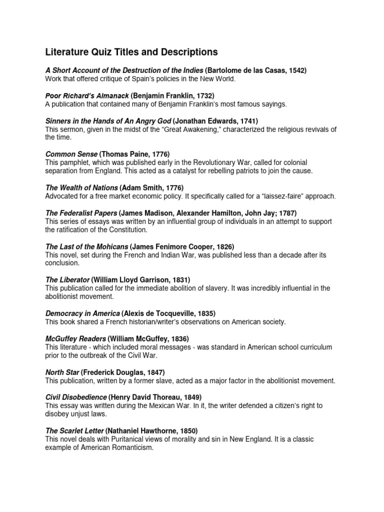 Literature Quiz Titles and Descriptions | PDF | Abolitionism In The ...
