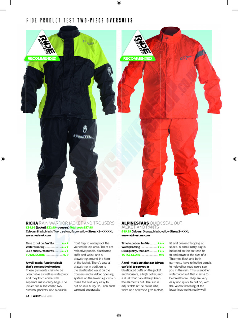 082 RDE JUL 13wm RICHA RAIN WARRIOR JACKET & TROUSERS | PDF | Trousers ...