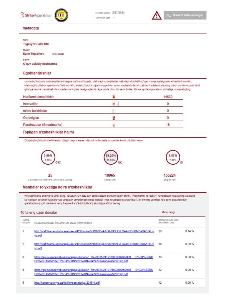 Qisqa Hisobot Ko'Rsatish - Daler Tog'Aliyev | PDF