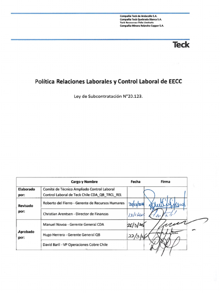 Anexo B - Política de Gestión y Control Laboral Teck Chile | PDF