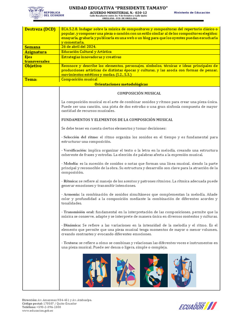 FICHA PEDAGOGICA ECA 1RO BGU | Descargar gratis PDF | Ritmo | Composiciones Musicales