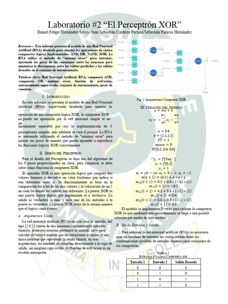 Laboratorio #2 El Perceptrón XOR | PDF | Puerta lógica | Red neuronal artificial