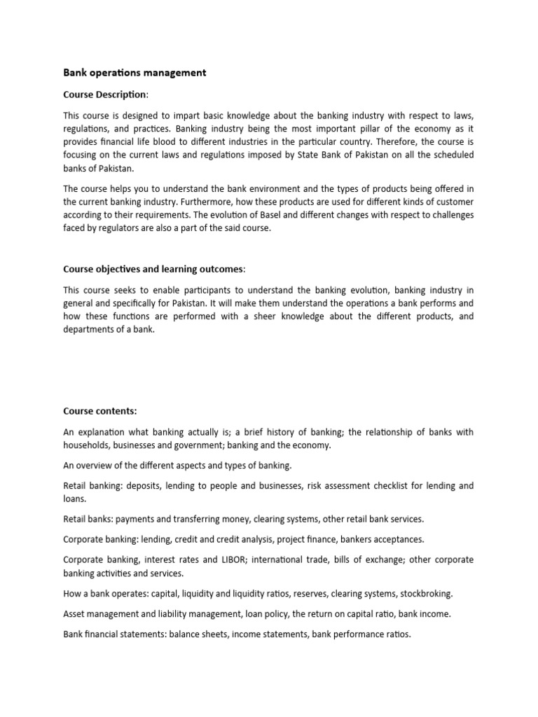 Bank Operations Management Course Outline | PDF | Banks | Loans