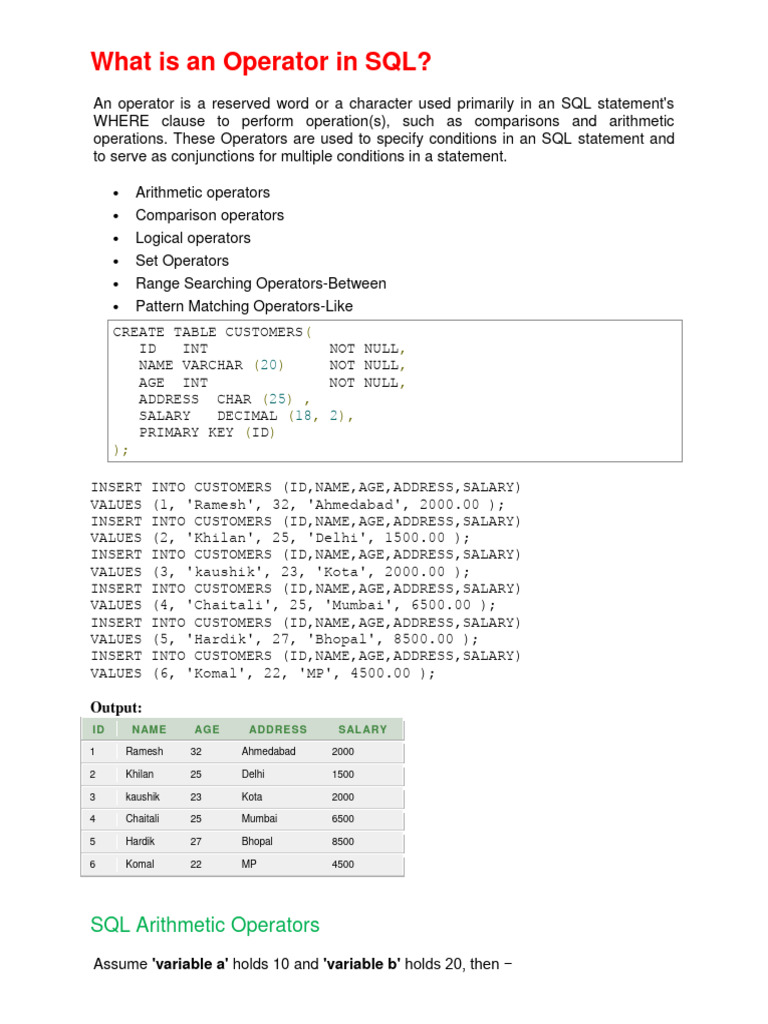 What is an Operator in SQL | Download Free PDF | Computing | Mathematics