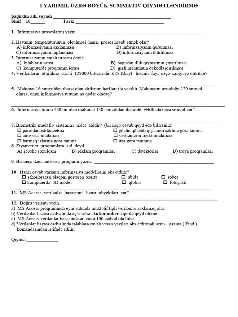 10 Sinif - BSQ-1 | PDF