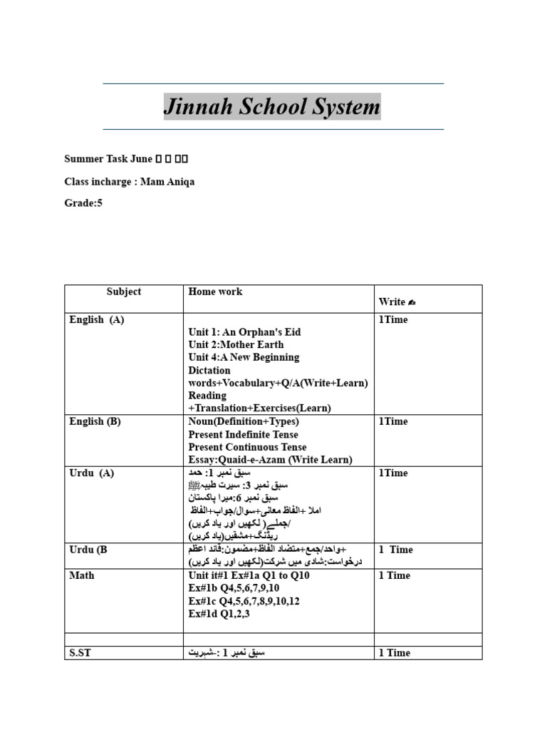 Grade 5 Summer Task | PDF