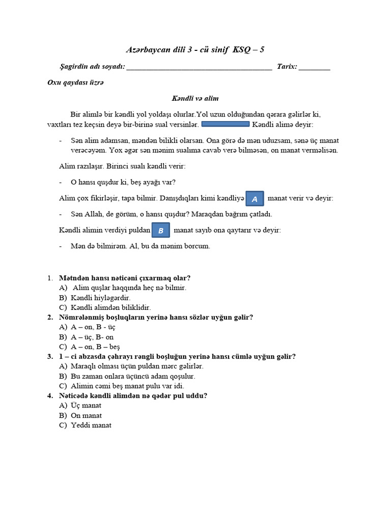 3 Cü Sinif - Azərbaycan Dili - KSQ - 5 - Kemale Haciyeva | PDF
