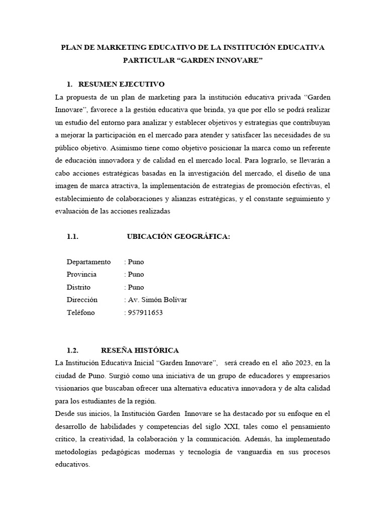 PLAN DE MARKETING EDUCATIVO DE LA IEI SEMILLITAS DEL MAÑANA | Descargar ...
