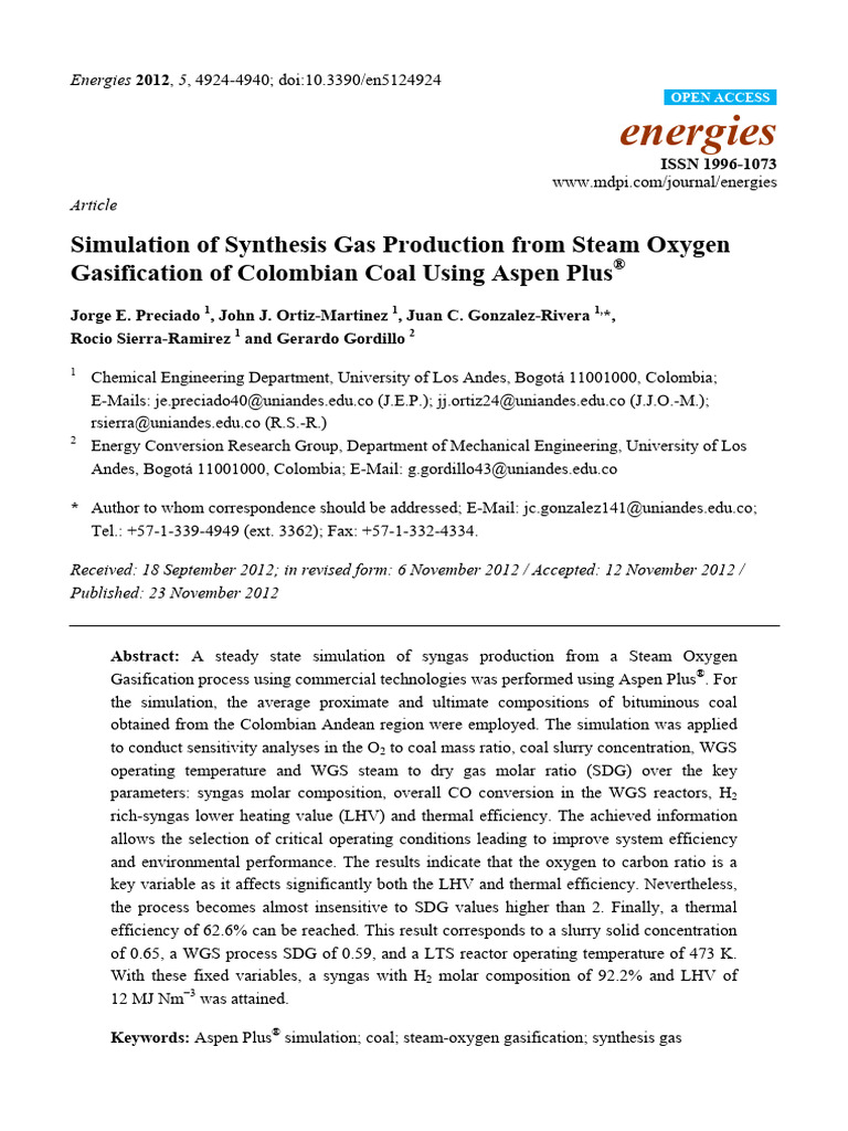 Simulation of Synthesis Gas Production From Steam Oxygen Gasification ...