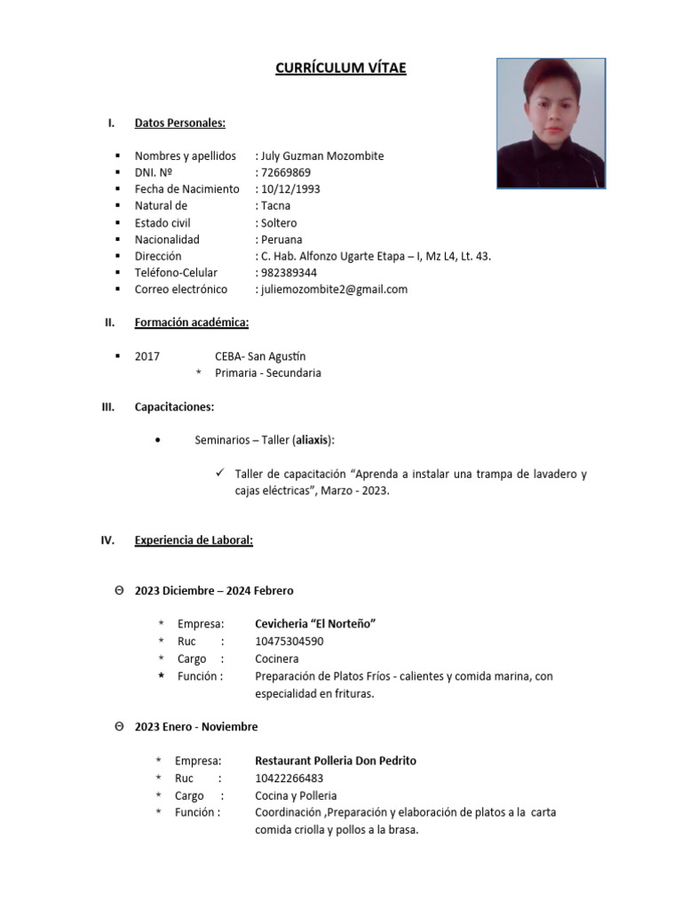 Currículum de July Guzman Mozombite | PDF | Finanzas y dinero