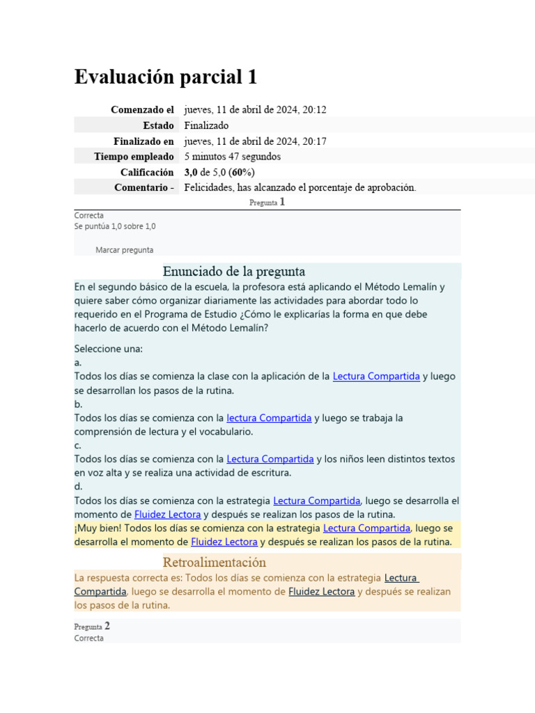 Evaluacion Parcial 1 Lemalin Segundo | Descargar gratis PDF | Modificación de comportamiento ...