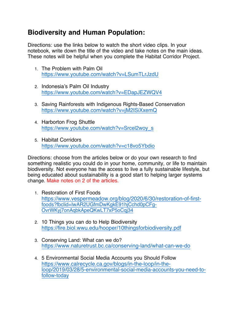 Biodiversity and Human Population Video Links | PDF