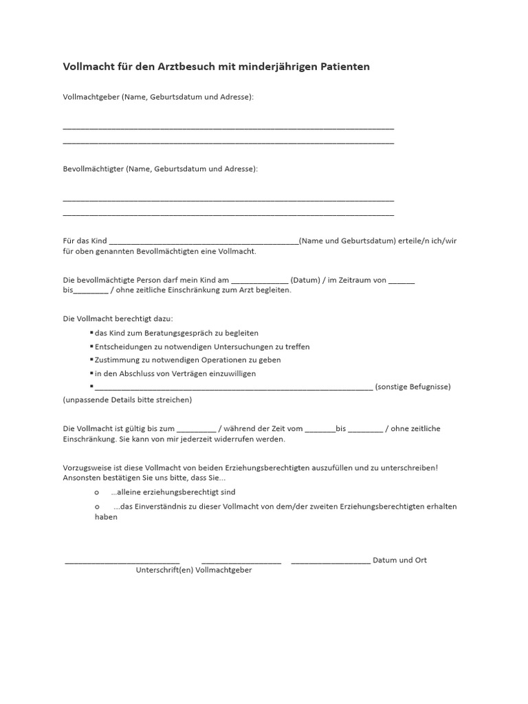 Vorlage Vollmacht Arztbesuch Mit Kind | PDF