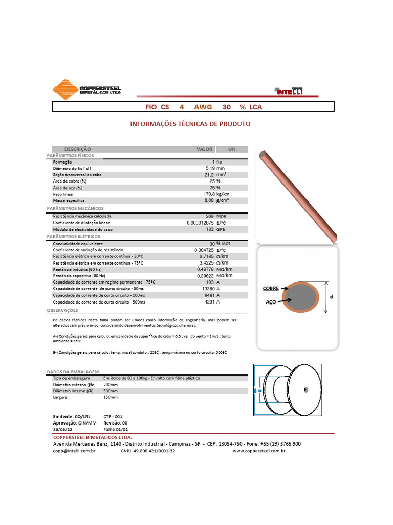 Ficha Técnica - Fio de Aço Cobre 4 Awg 30% Lca | PDF | Rede elétrica ...