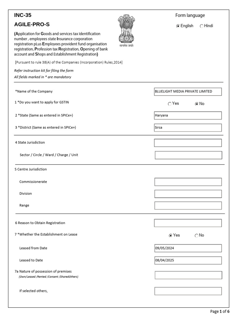 INC-35 Agile PRO-S: Refer Instruction Kit For Filing The Form All ...